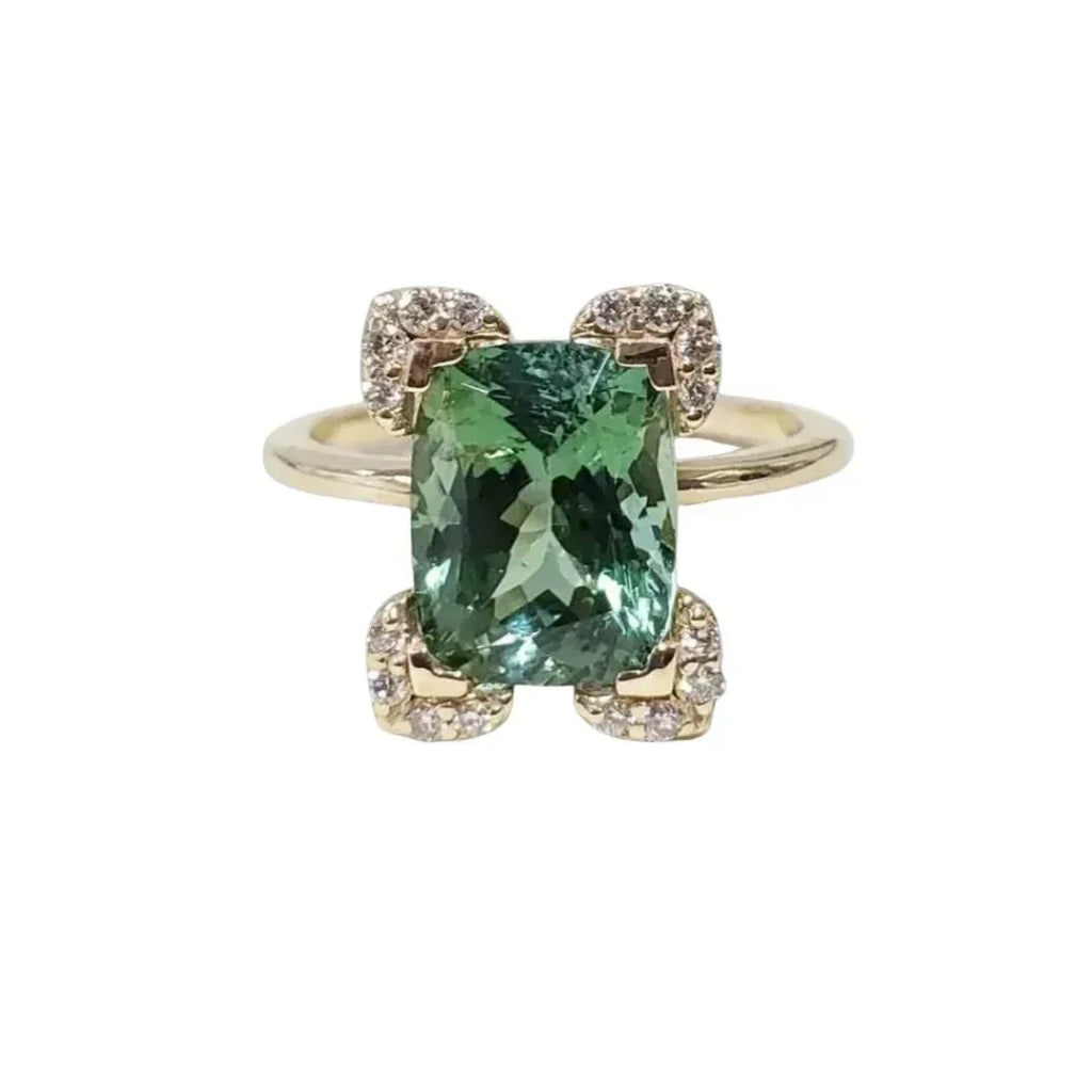 14k Gold Green Tourmaline Diamond Ring – Cushion Solitaire – K Jewelry ...